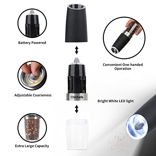 Electric Gravity Salt and Pepper Mill Set, Automatic Salt and Pepper Mill Grinder, Battery Operated with White LED Light, Adjustable Coarseness, One Handed Operation, Matte Black by ChiChefs