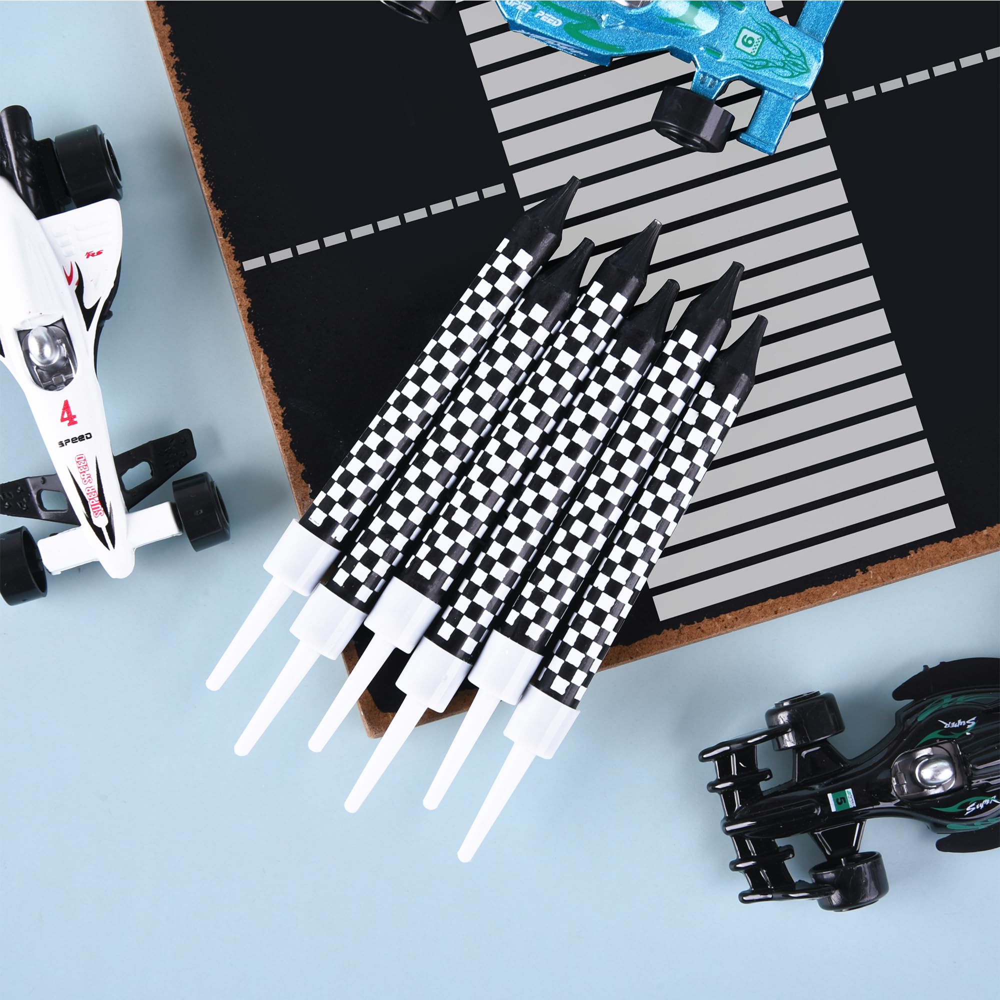 PHD CAKE 36 Pcs Racing Cars Themed Birthday Candles, Black and White Checkered Flag Candles, Kid's Party Decoration