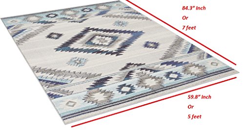 Handcraft Rugs-Southwestern Native American Modern / Faded Area Rug - Bone Gray / Navy Blue / Ivory / Aqua