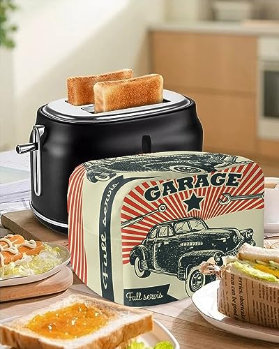 4 Slice Toaster Cover Retro Car Garage Since 1960 Toaster Dust Cover with Pockets Washable Toaster Cover for Kitchen Small Appliance Bread Machine Covers Home Decor