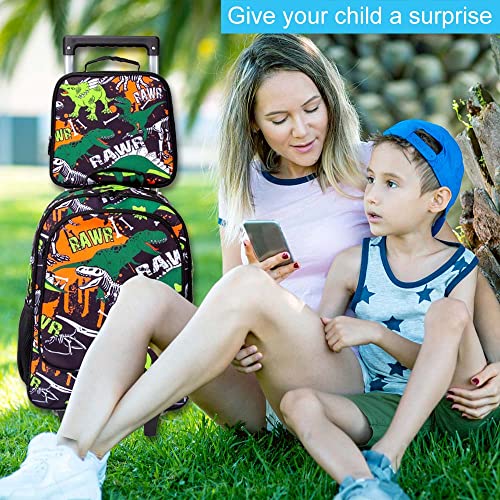 3PCS Rolling Backpack for Boys,Kids Dinosaur Bookbag with Roller Wheels, Suitcase School Bag Set for Toddler Elementary