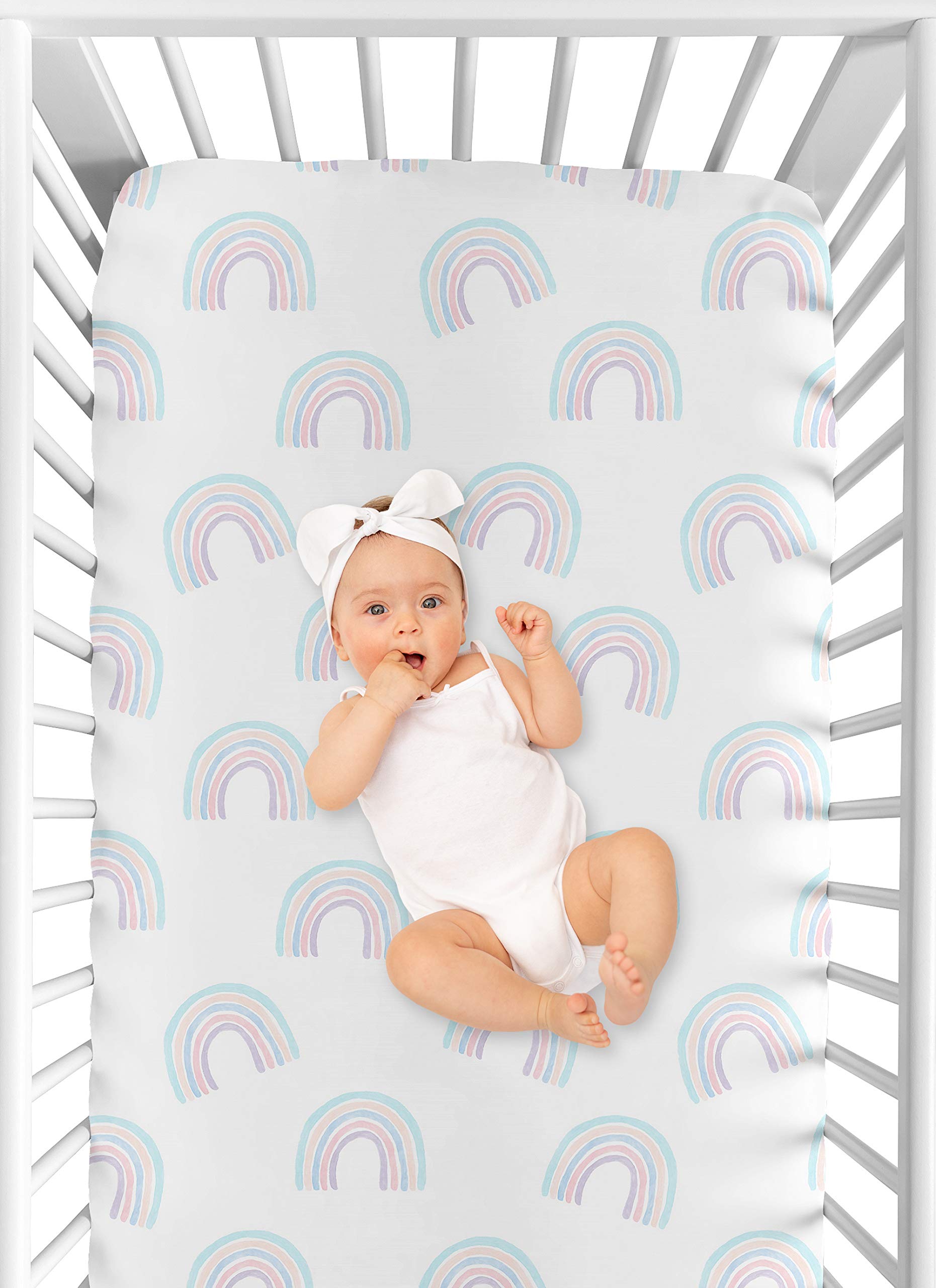 Sweet Jojo Designs Pastel Rainbow Girl Fitted Crib Sheet Baby or Toddler Bed Nursery - Blush Pink, Purple, Teal, Blue and White