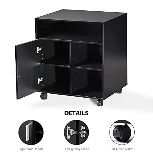 FITUEYES Printer Stand with Storage Adjustable Shelves, Wood Mobile Cart with Door, Rolling File Cabinet on Wheels for Home Office, Black, PS406001WB