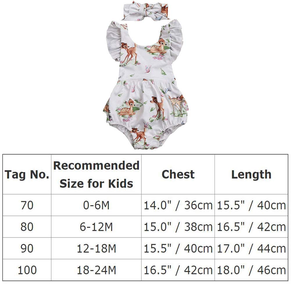 Newborn Toddler Infant Baby Girls Clothes Christmas Bambi Deer Romper+Headband Ruffle Flutter Sleeve Bodysuit Backless Sunsuit Birthday Playsuit 2pcs Outfit Set White 0-6 Months