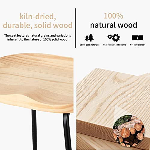 HeuGah Bar Stools, Solid Wood Barstools Set of 2, 26" Counter Height Bar Stools with Metal Leg,Rustic Backless Bar Stools for Kitchen Island,Bar Chairs with Solid Wood Saddle Seat (Burlywood, 26 Inch)