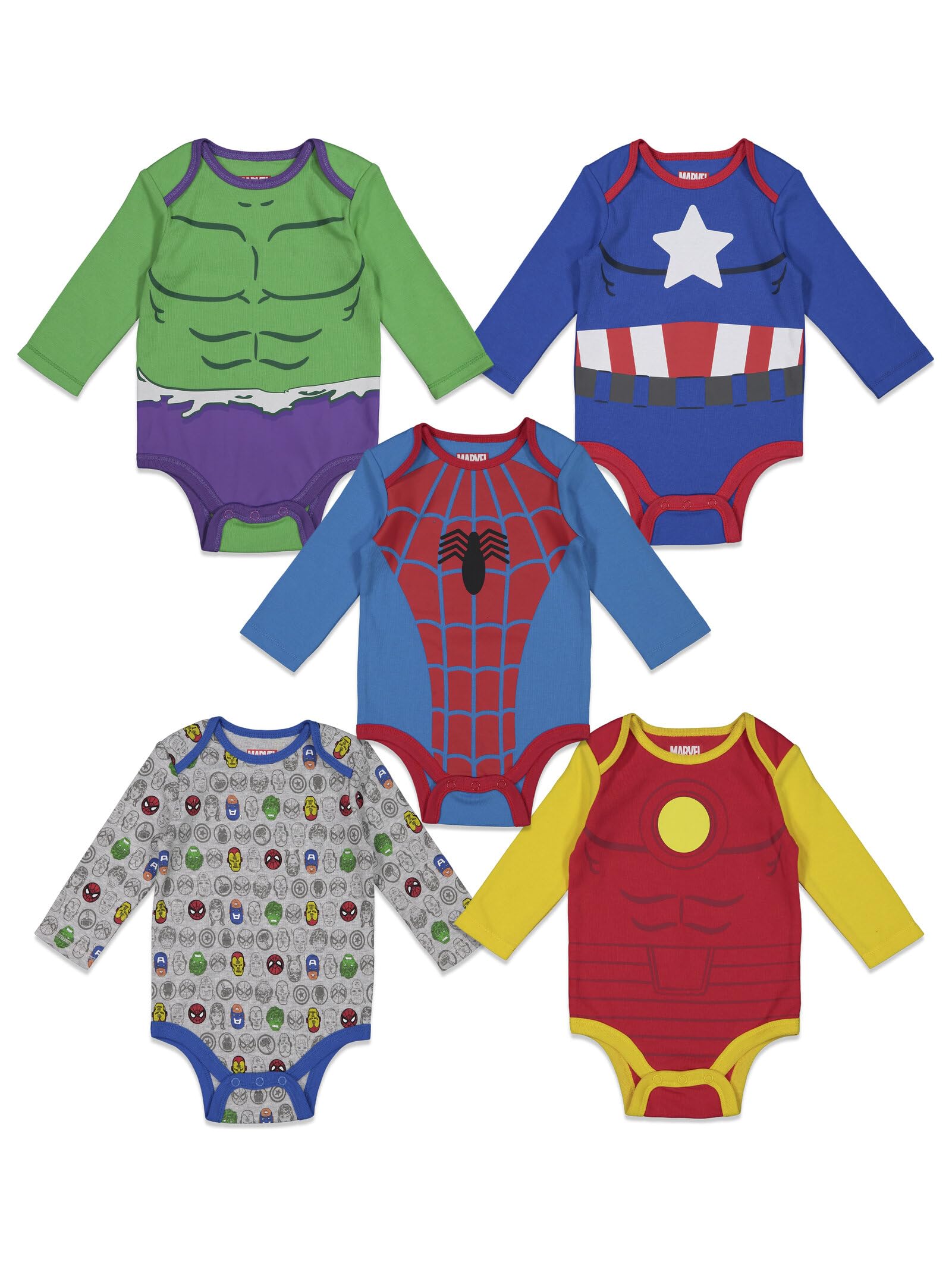 Marvel Baby Boys 5 Pack Bodysuits Hulk Spiderman Iron Man Captain America 3-6 Months