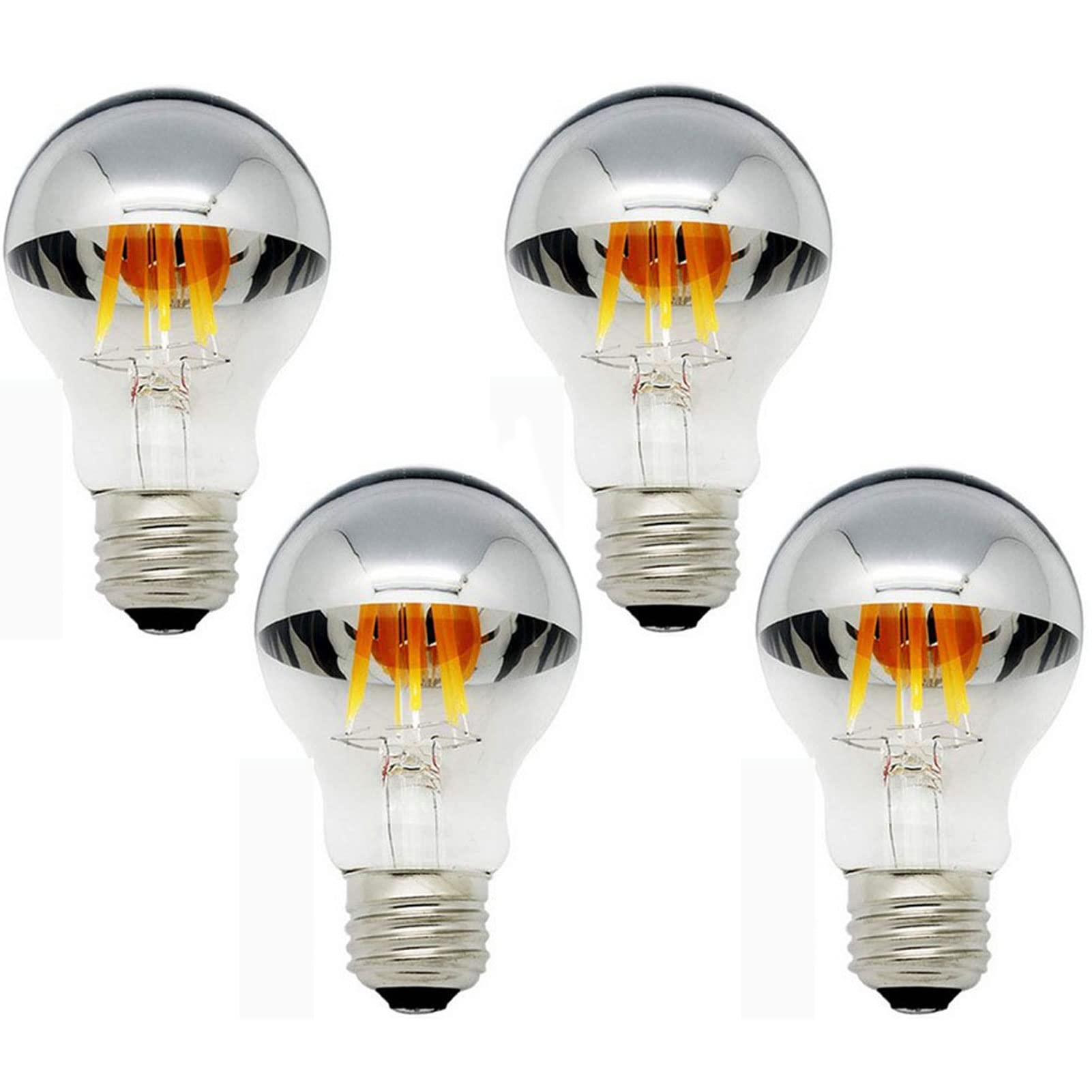 Edearkar A19 Half Chrome Light Bulb 6W Dimmable, E26 Base Daylight White 6000K 60W Equivalent 600lm Decorative Silver Mirror LED Edison Bulb for Indoor Living Room, AC110V, E26 Base, Pack of 4