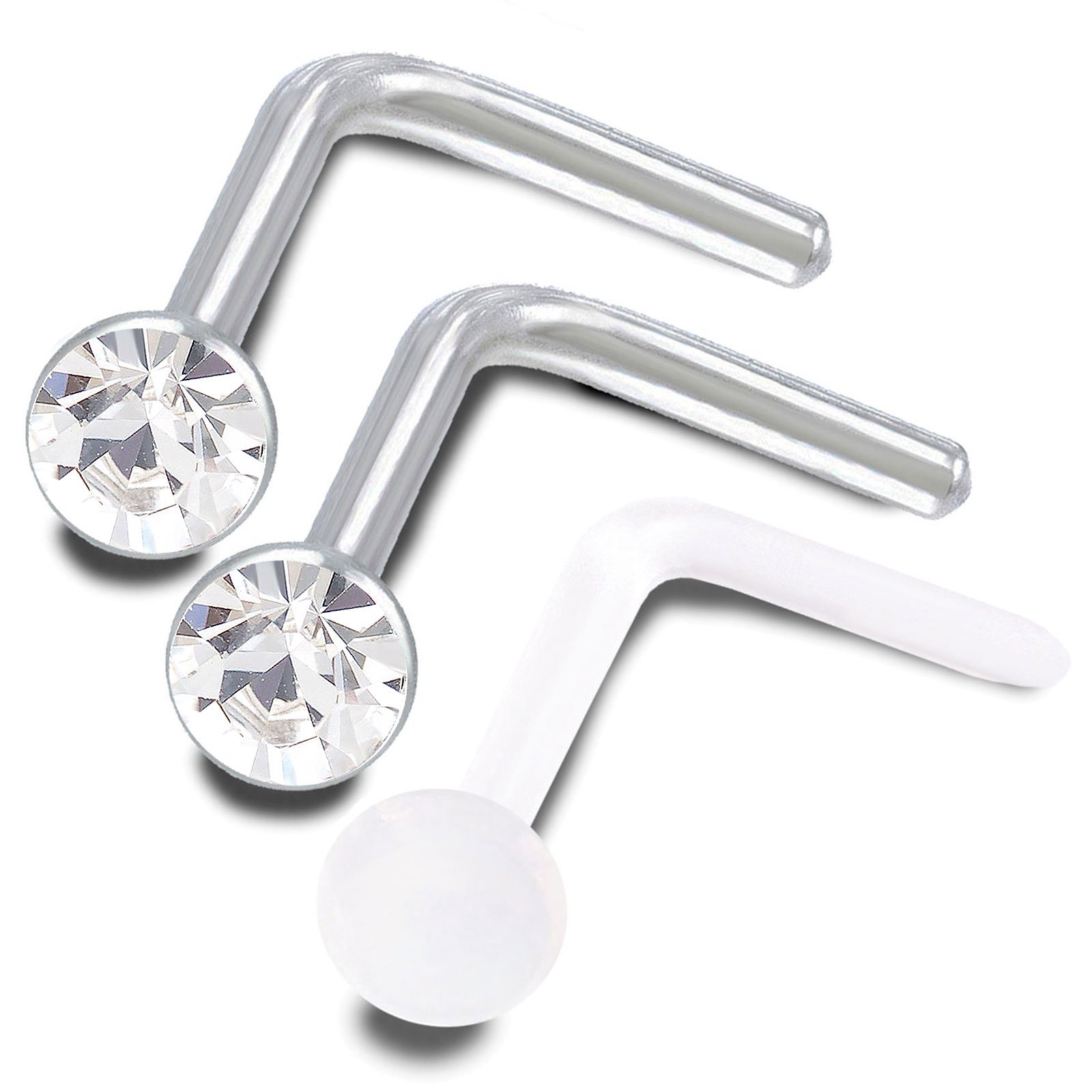 3Pcs L Shaped Nose Ring 18g Surgical Stainless Steel And 20g Retainer Nostril Piercing Studs Jewelry 2.5mm Clear Crystal