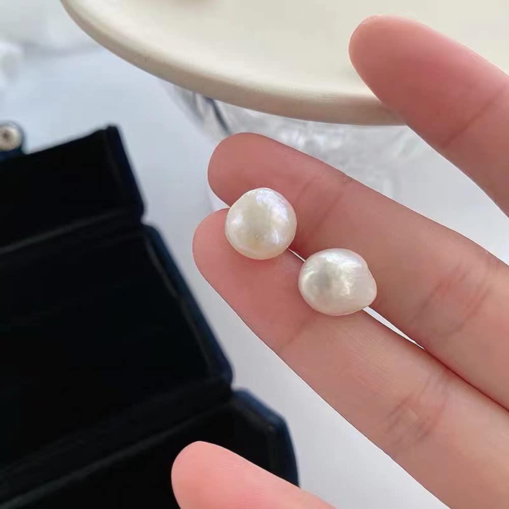 1Pairs Sterling Silver 8mm Baroque Pearl Stud Earrings White Round Freshwater Pearl Ear Studs Hypoallergenic for Women