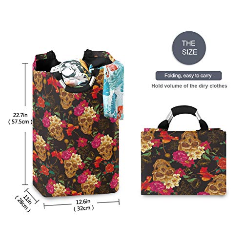 RunningBear Laundry Basket Washing Clothes Hamper - Sugar Skulls Roses Day Dead Collapsible Laundry Hamper Large Capacity Hampers for Bathroom, Bedroom