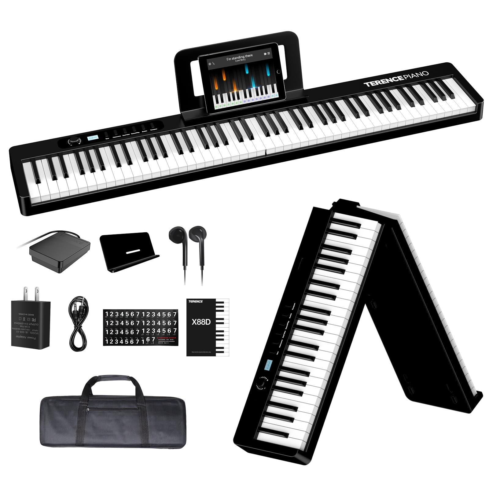 61-Key Foldable Digital Piano Keyboard, Full Size Semi-Weighted Keyboard & 1800mAh Battery Support USB/MIDI with Bluetooth Sheet Music Stand Sticker Bag Audio Cable Earphones Fit for Beginners Kids