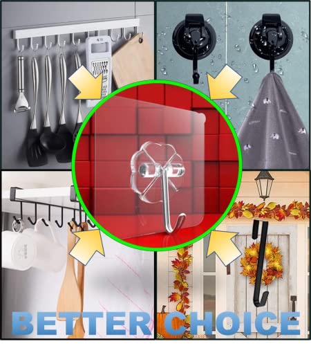 QUALIALL Adhesive Hooks, 20 Packs, 33lbs/15kg Premium Heavy Duty Wall Ceiling Hooks for Hanging, Damage Free, Clear Sticky Hanger for Kitchen, Bathroom Shower Outdoor Use.