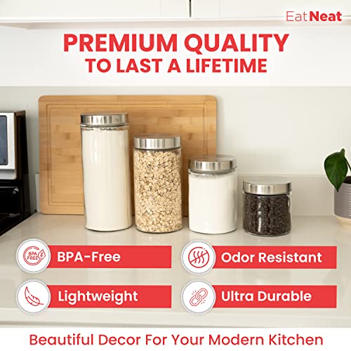 EatNeat 4 Piece Beautiful Glass Kitchen Canisters with Stainless Steel Lids - Premium Food Storage Container, Versatile Cereal, Sugar, Flour, Coffee, Snacks Container for Clean Kitchen Organization