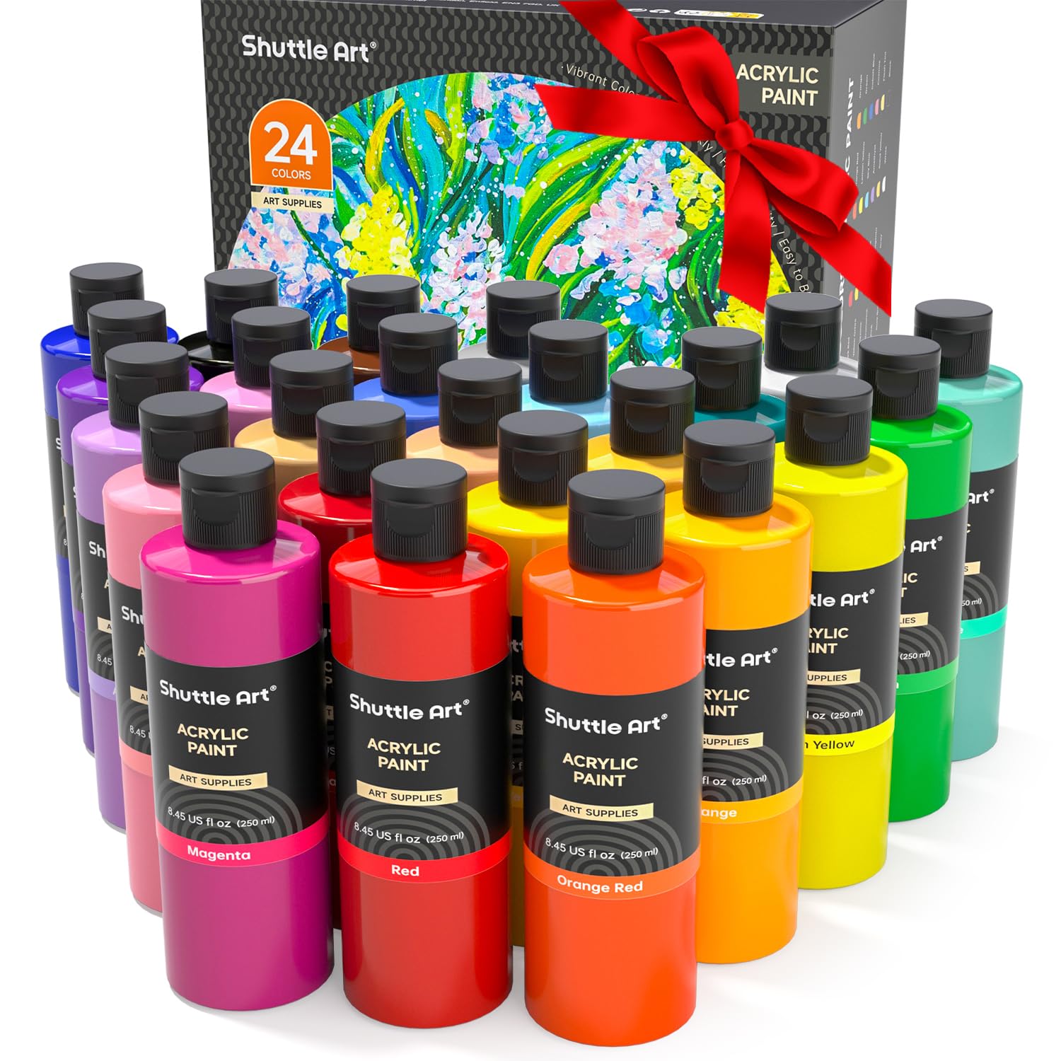 Acrylic Paint, Shuttle Art 24 Colors Acrylic Paint Bottle Set, 250ml/8.45oz Each, Rich Pigments, High Viscosity, Bulk Paint for Artists, Beginners and Kids Painting on Rocks Crafts Canvas Wood Ceramic