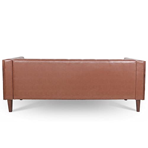 76'' Leather Chesterfield Sofa, Upholstered Tufted Modern Couch with 2 Pillows, Nailhead and Solid Wood Armrest Side Board, 3 Seater Sofa with Wooden Legs for Living Room, Bedroom, Office (Brown)
