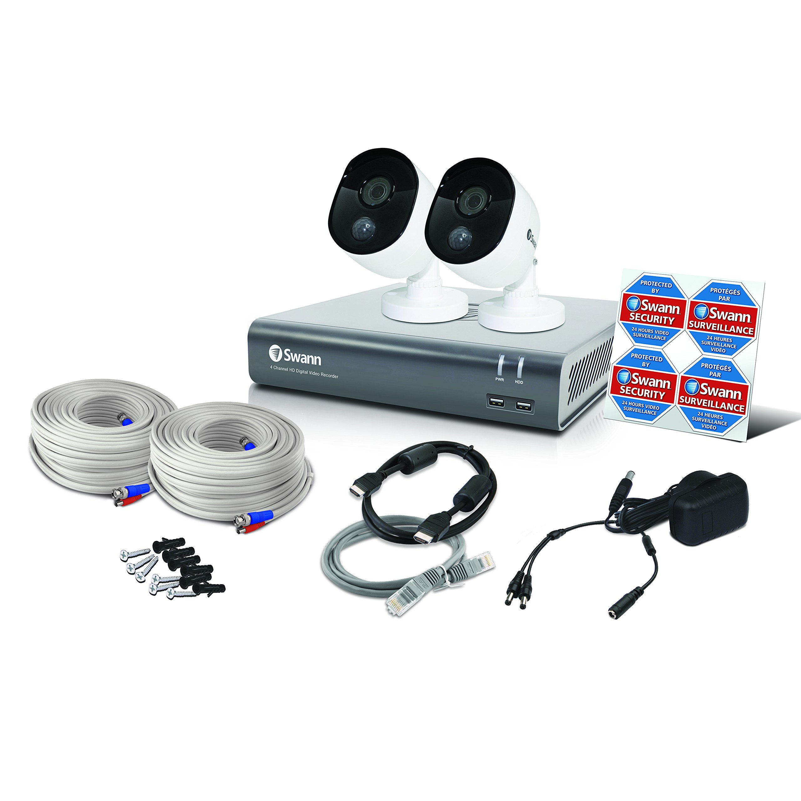Swann Home Security Camera System, 4 Channel 2 Bullet Cameras, 1080p HD DVR, Indoor/Outdoor Wired Surveillance CCTV, Night Vision, Heat & Motion Sensing, Alexa + Google, 1TB Hard Drive, SWDVK-445802V