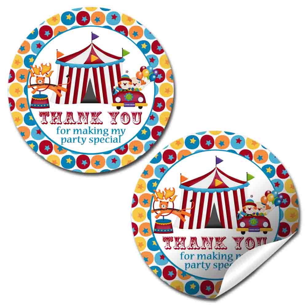 Circus Carnival Birthday Party Thank You Sticker Labels, 40 2" Party Circle Stickers by AmandaCreation, Great for Party Favors, Envelope Seals & Goodie Bags