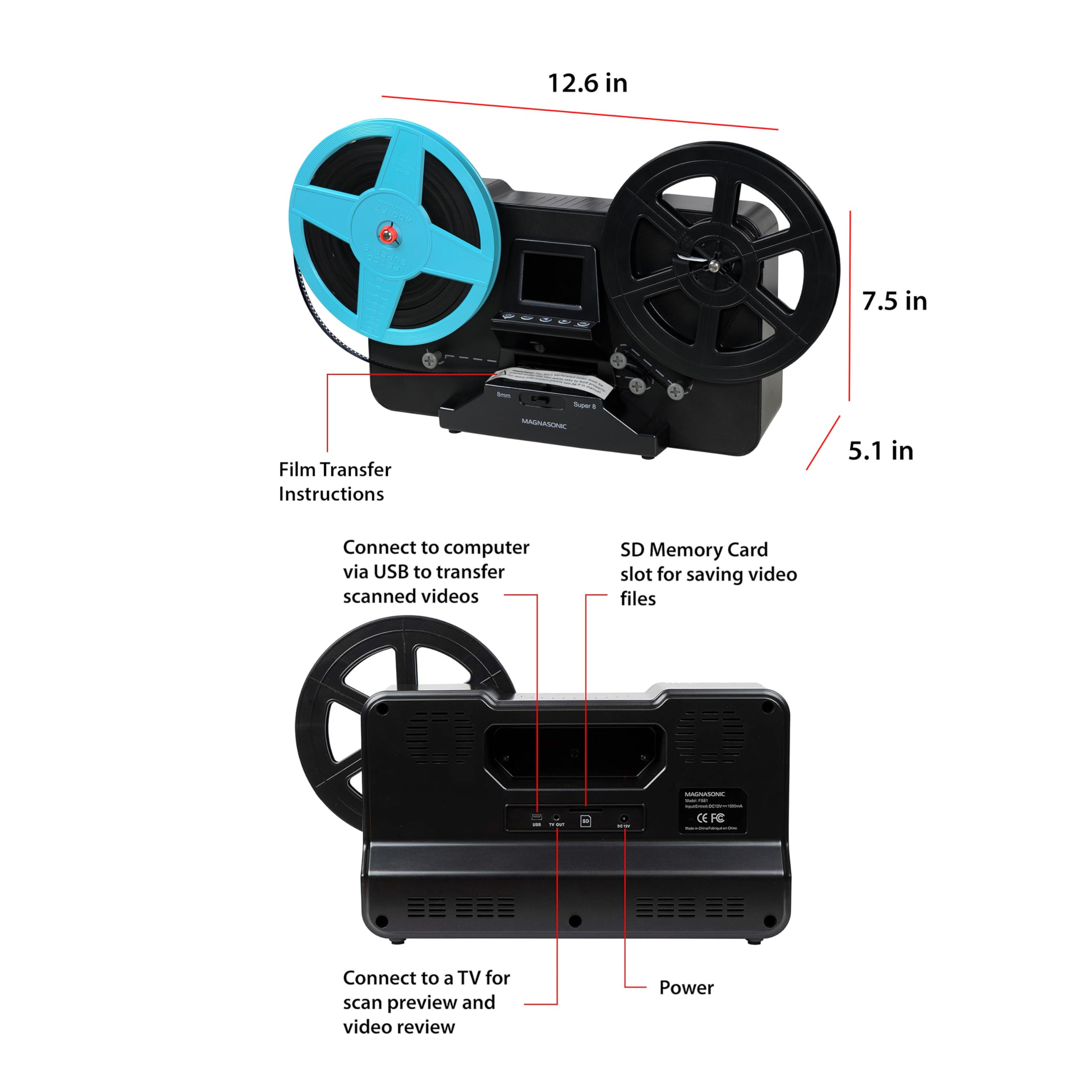 Magnasonic Super 8/8mm Film Scanner, Converts Film into Digital Video, Vibrant 2.3" Screen, Digitize and View 3", 5" and 7" Super 8/8mm Movie Reels (FS81)