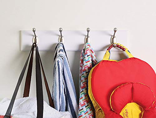 HIGH & MIGHTY 515703 Coat Rack 4 Hook Rail, Easy Tool-Free Dry Wall Installation, Holds up to 30lbs, 18", White & Silver