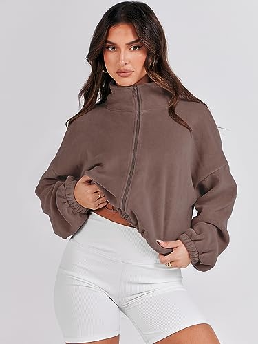 ANRABESS Jacket for Women Full Zip Oversized Fleece Crop Sherpa Coat Long Sleeve Drop Shoulder Stand Collar Drawstring Hem Soft Cozy Thick Trendy Winter Tops Outfits 1097qianzong-L