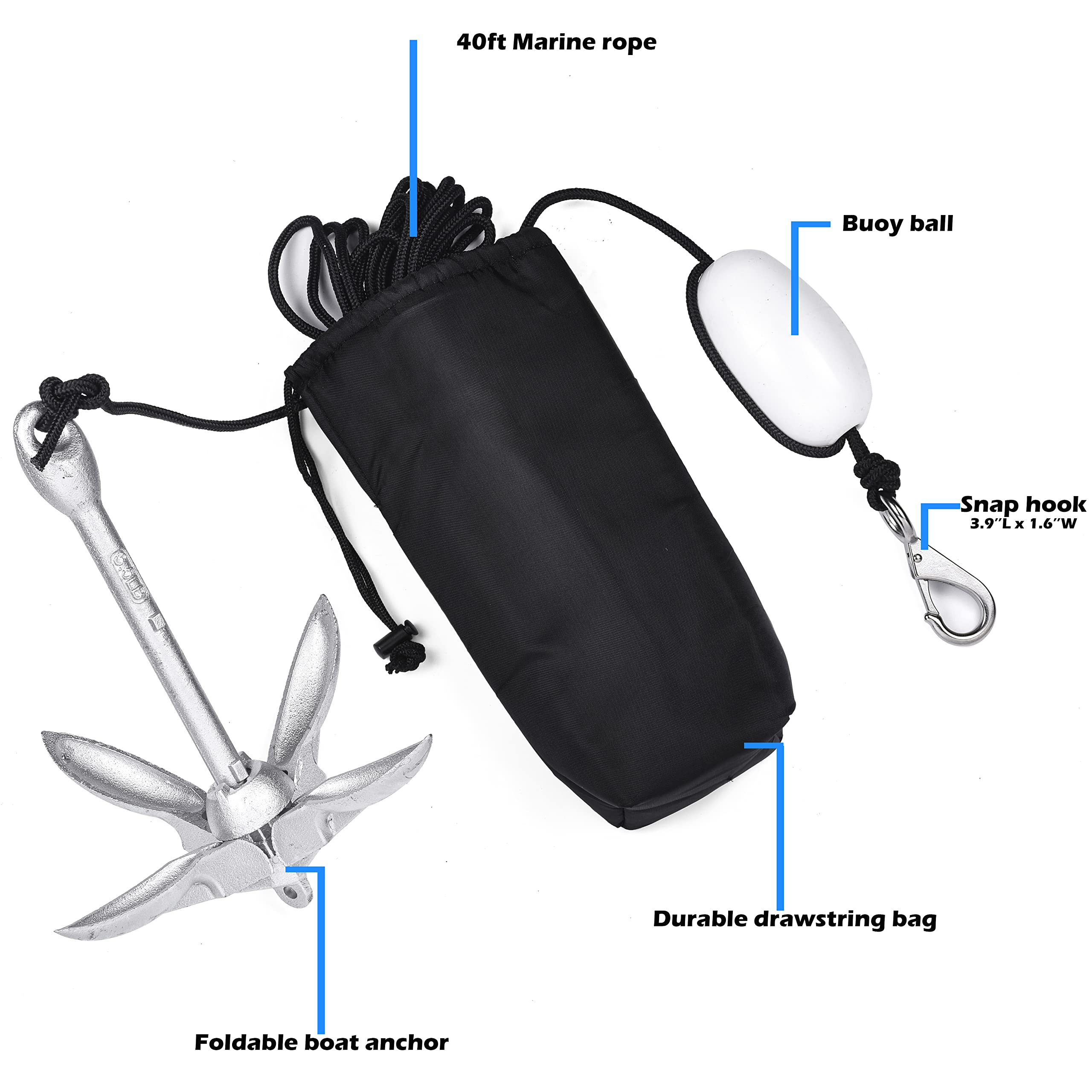 3.5lb Folding Boat Anchor Kit with 40ft Marine Rope for Fishing, Canoes, Paddle Boards, Kayak