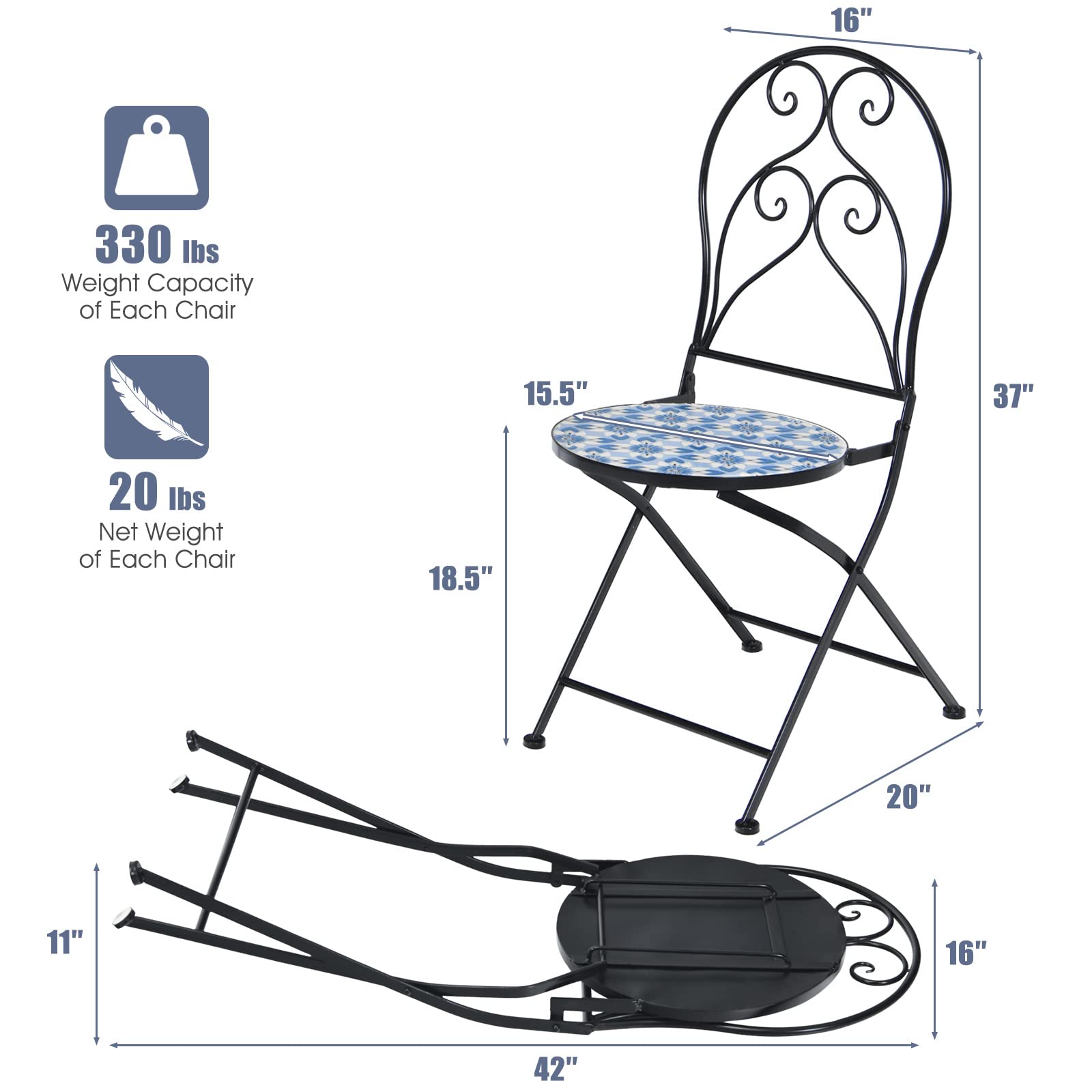 Giantex 2 Pieces Folding Bistro Chairs, Mosaic Patio Chairs with Ceramic Tiles Seat and Exquisite Floral Pattern, Outdoor Dining Chairs for Deck, Garden and Backyard (Blue & Black)