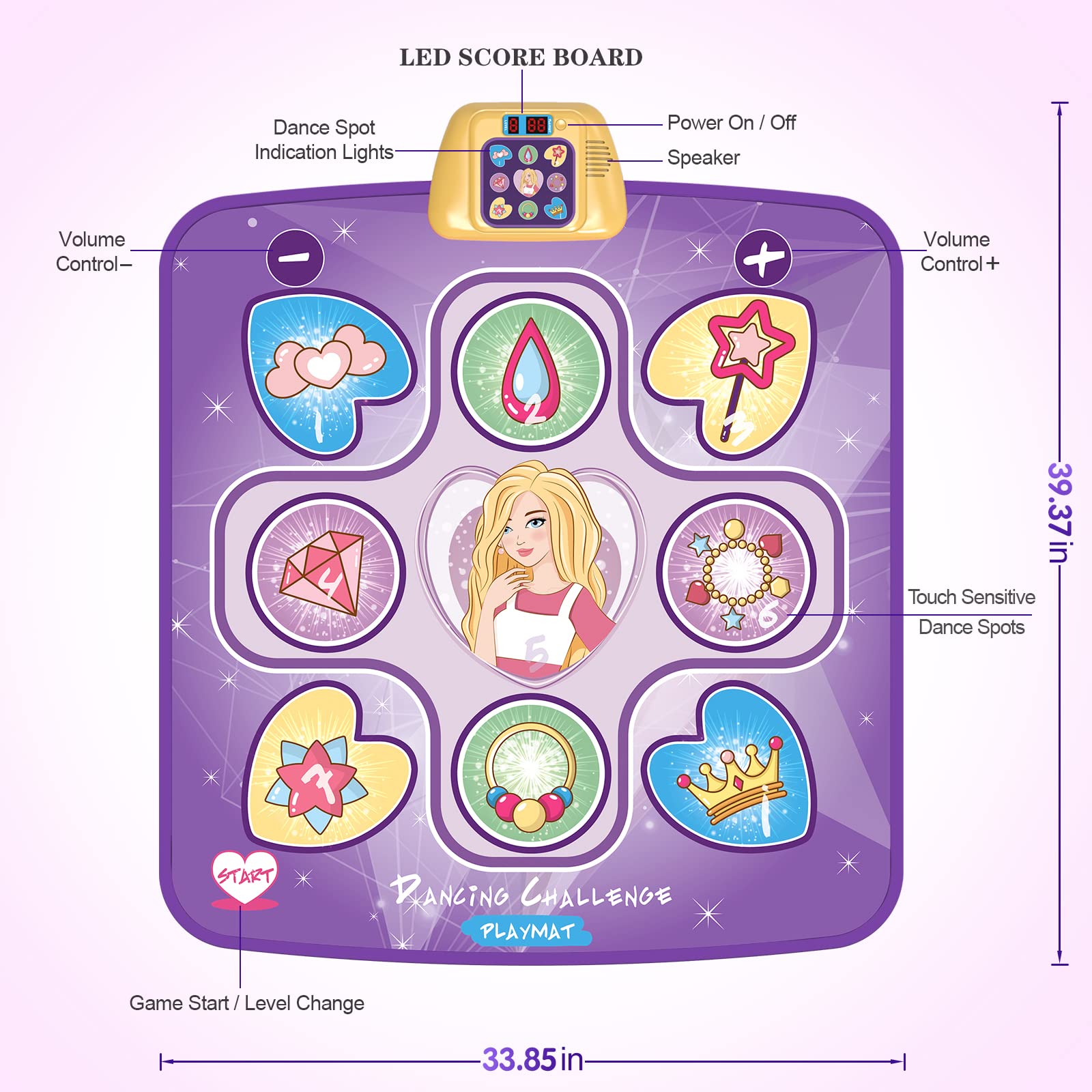 beefunni Dance Mat for Girls 3 4 5 6 7 8 9 10+ Year Old, 5 Game Modes, Birthday Gifts Toys for Kids, Dancing Pad with Adjustable Volume, LED Lights