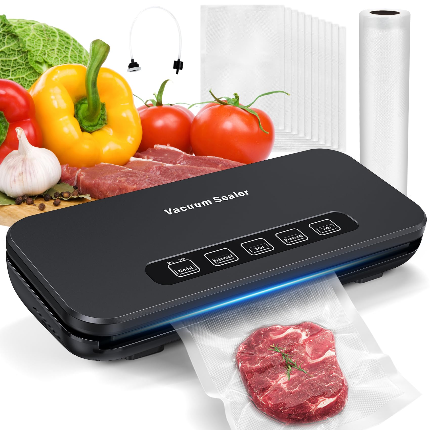 Automatic Vacuum Sealer for Food, 5-in-1 Food Saver Vacuum Sealer Machine with Vacuum Seal Bags and Roll & 1 Air Suction Hose, Food Vacuum Sealing Machine