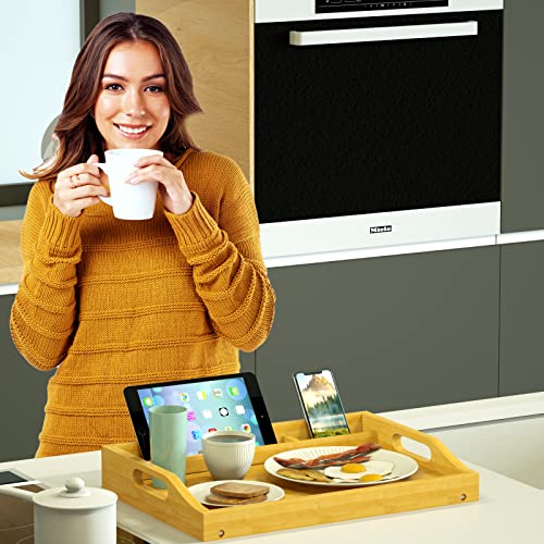 Bed Tray Table with Handles Folding Legs,Bamboo Breakfast Food Tray with Media Slot,Use As Platter,Laptop Desk,Snack,TV Tray Kitchen Serving Tray(Beige,Medium)