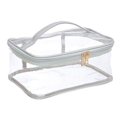 Large Cosmetic Bag for Women / Clear, See-Through Makeup, Hair & Nail Accessories Pouch for Travel or Home / Transparent PVC Plastic Organizer, Spacious Interior, Handle & Double Zippers (Silver)