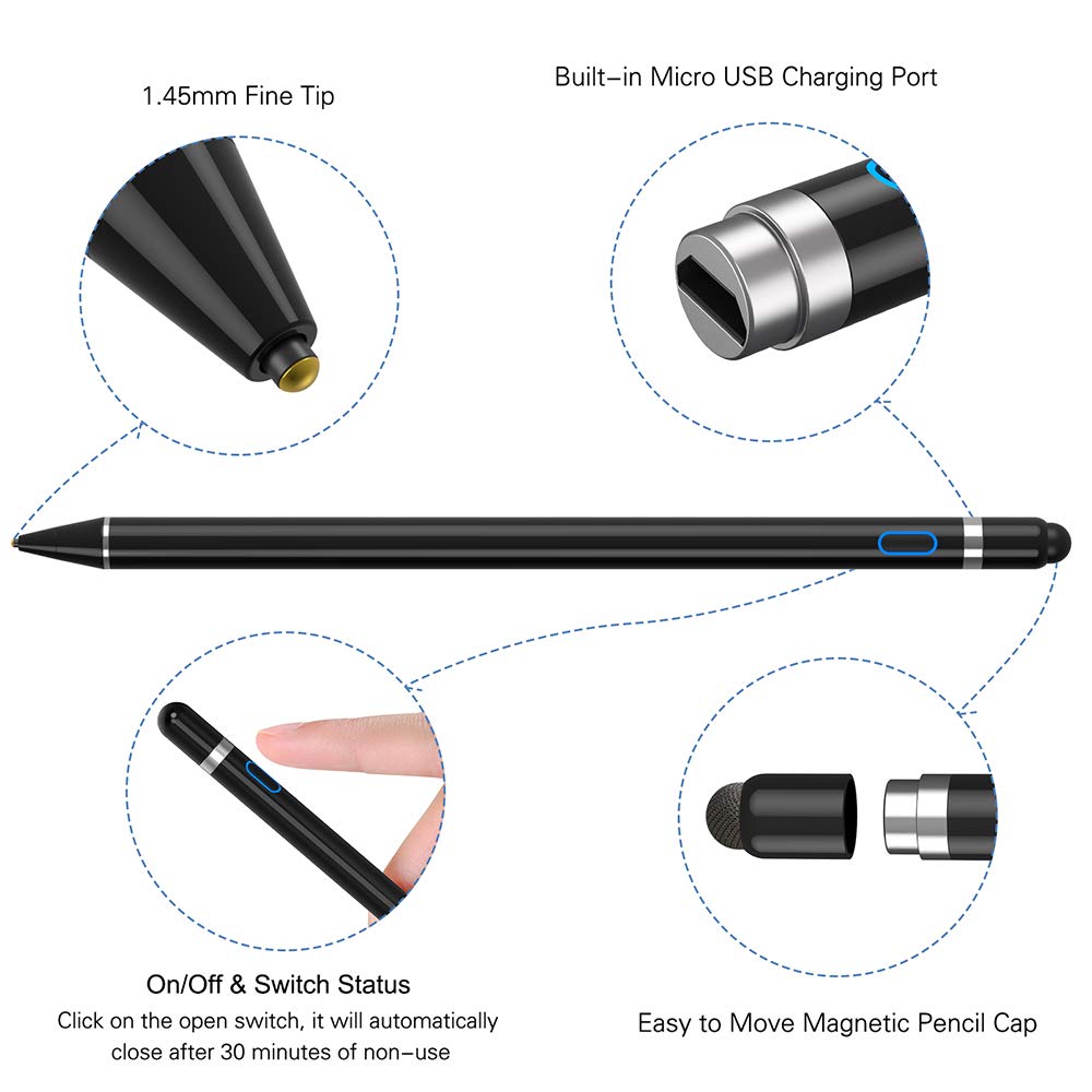 KECOW Active Stylus Compatible with iOS&Android Touch Screen, Digital Pen for iPad, Cellphone&Tablet, Stylus Pen for iPad, iPad Pro/Air/Mini, iPhone, Capacitive Pencil for Handwriting&Drawing, Black