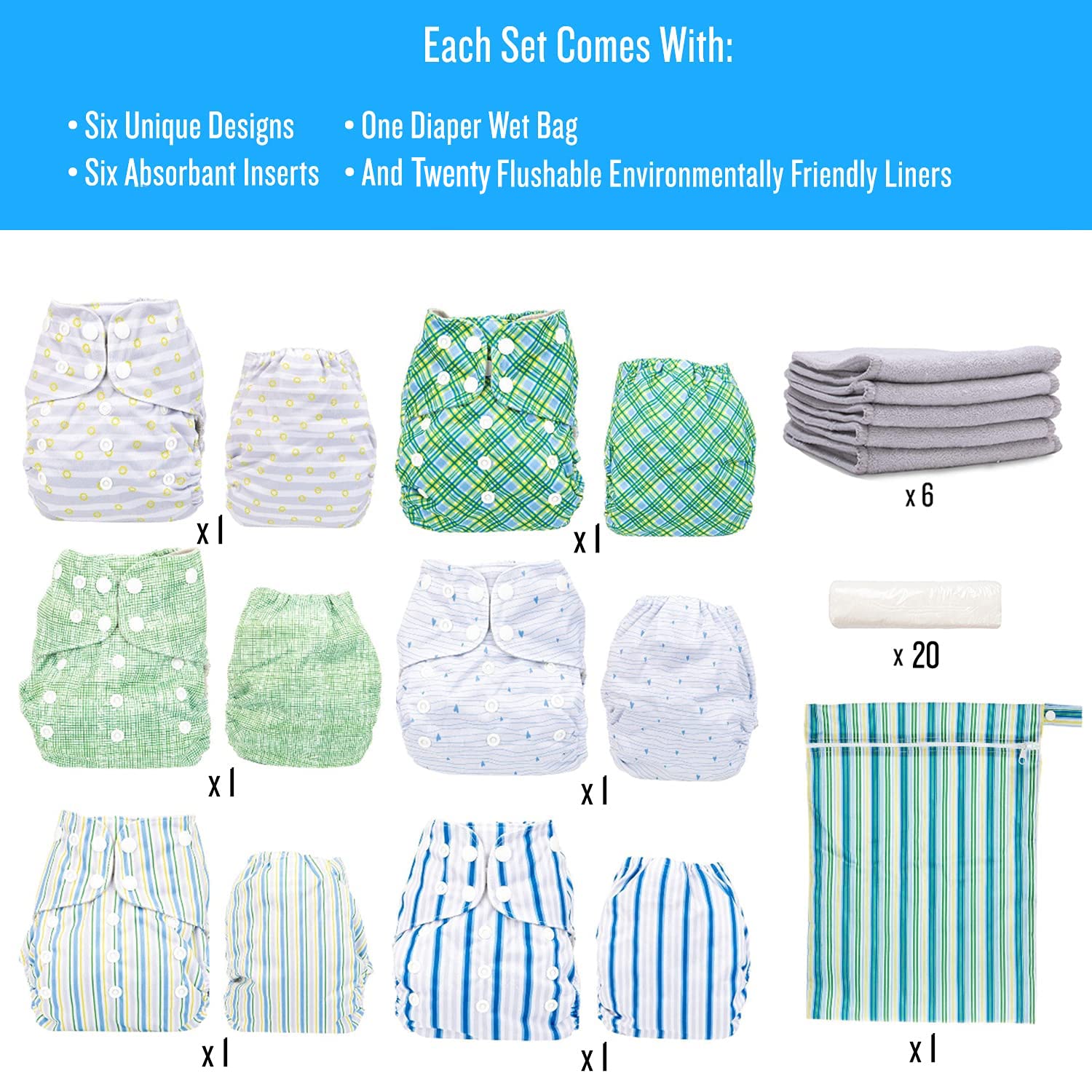 Simple Being Reusable Cloth Diapers, Double Gusset, One Size Adjustable, Washable Soft Absorbent, Waterproof Cover, Eco-Friendly Unisex Baby Girl Boy, six 4-Layers Microfiber Inserts (Boy Stripe)
