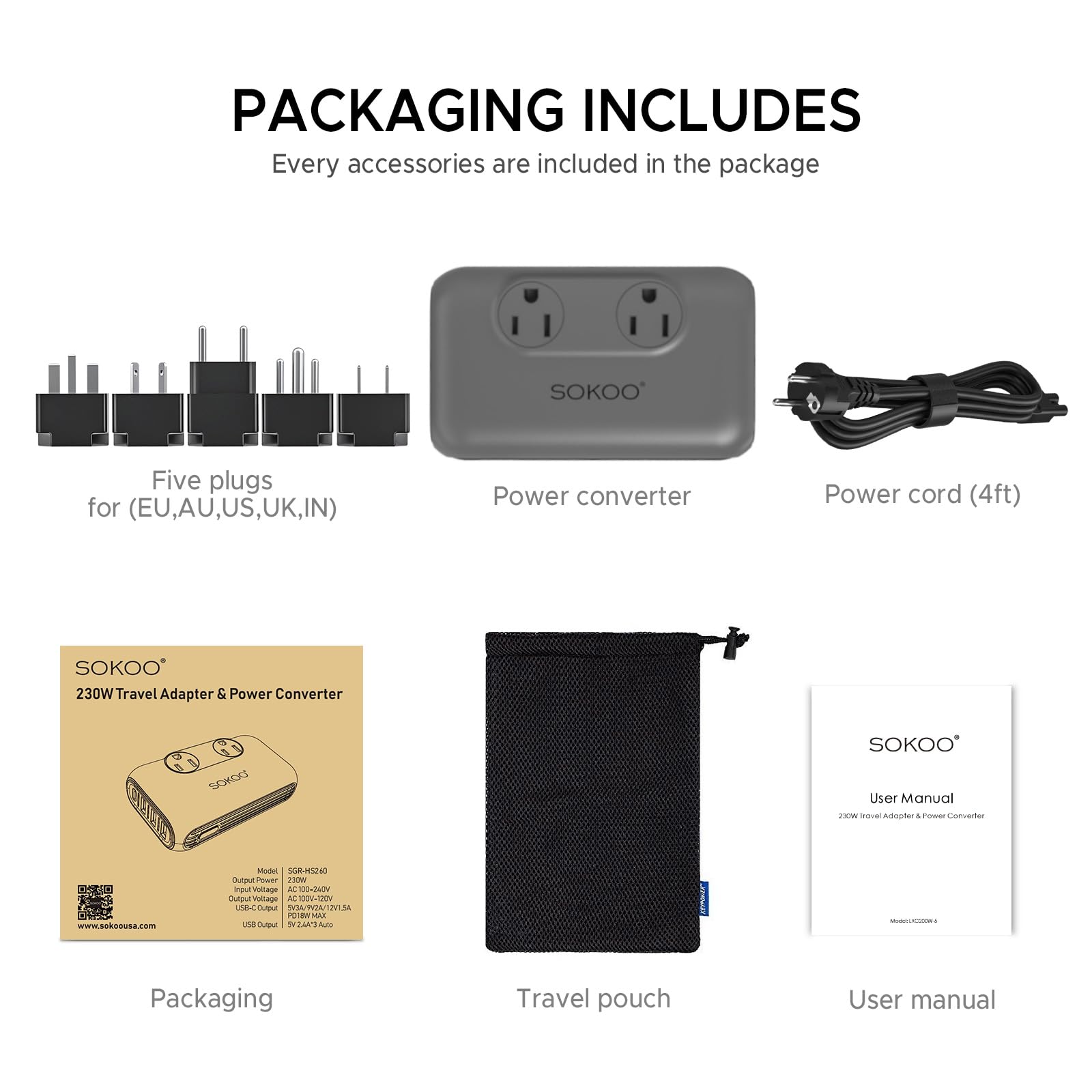 SOKOO 230-Watt Step Down 100-220V to 110V Voltage Converter, International Power Converter/Travel Adapter- Use for EU/UK/AU/US/India More Than 150 Countries, USB Quick Charger 3.0