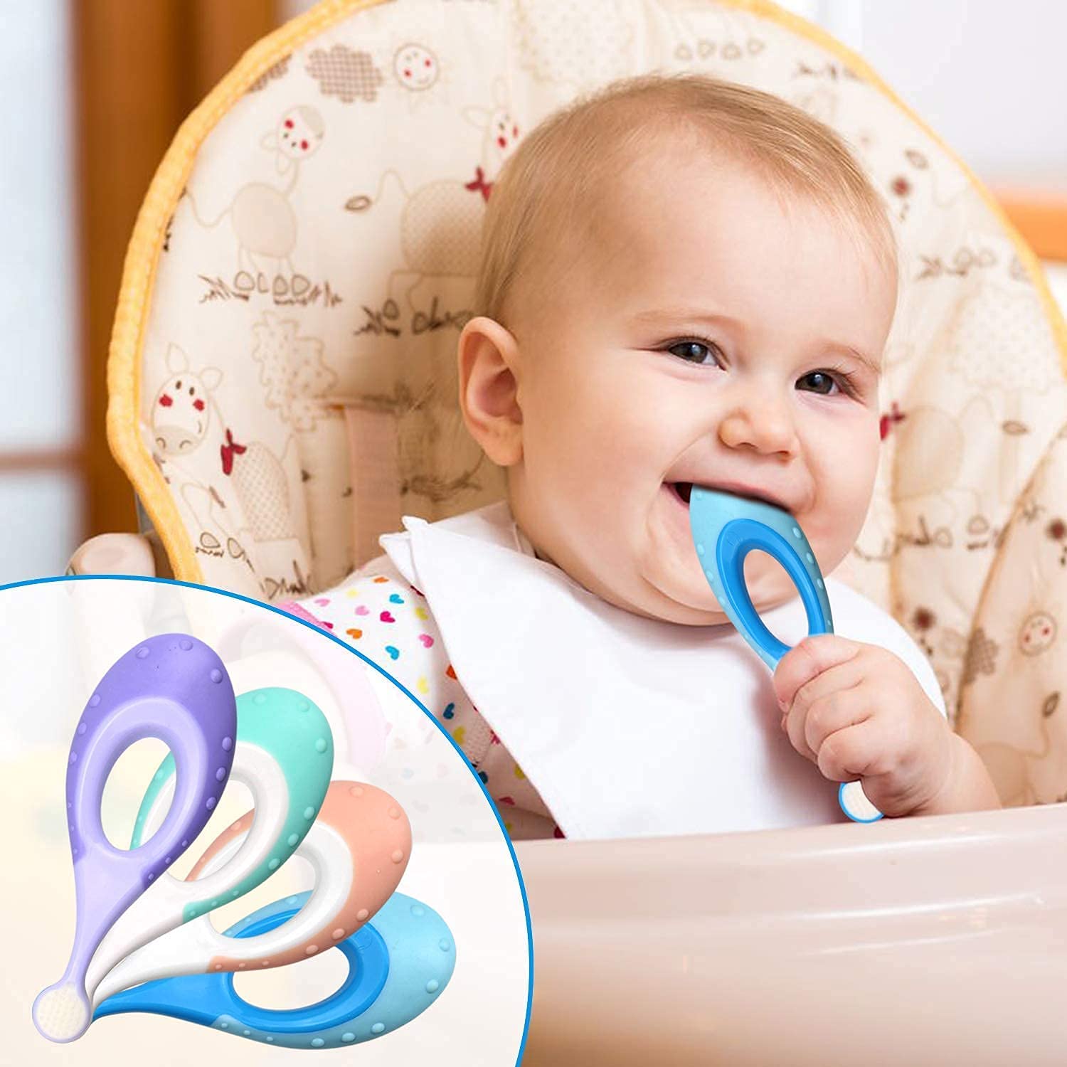 Ecovana - Baby Toothbrush for Infants & Toddlers 0-2 Years Old (4 Pack) | Bonus Fluoride Free Toothpaste Included | Teething Handle with Finger Hole & Extra Soft Bristles | Flexible BPA Free Plastic