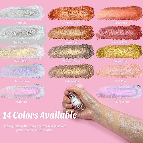 BOKO Highlighter Powder Spray, Cosmetic Grade Body Shimmer Spray High Gloss Diamond Highlight Glitter Magic Powder Makeup Sparkle Glitter Hairspray Rave Accessories for Women Face Paint Hair Clothes