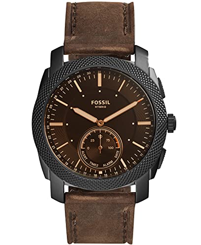 Fossil Men's 45mm Machine Stainless Steel and Leather Hybrid Smart Watch, Color: Black, Brown (Model: FTW1163)