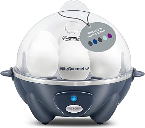 Elite Gourmet EGC700BG# Rapid Egg Cooker, 7 Easy-To-Peel, Hard, Medium, Soft Boiled Eggs, Poacher, Omelet Maker, Auto Shut-Off, Alarm, 16-Recipe Booklet, Cobalt