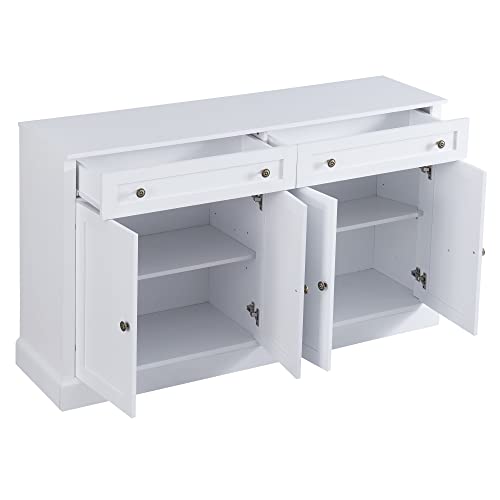 60β Large Storage Cabinet Buffet Sideboard with 2 Drawers & 4 Doors, Wood Console Table Entryway Cupboard with Adjustable Shelves, Kitchen Dining Room Living Room Furniture Organizer (White-4)