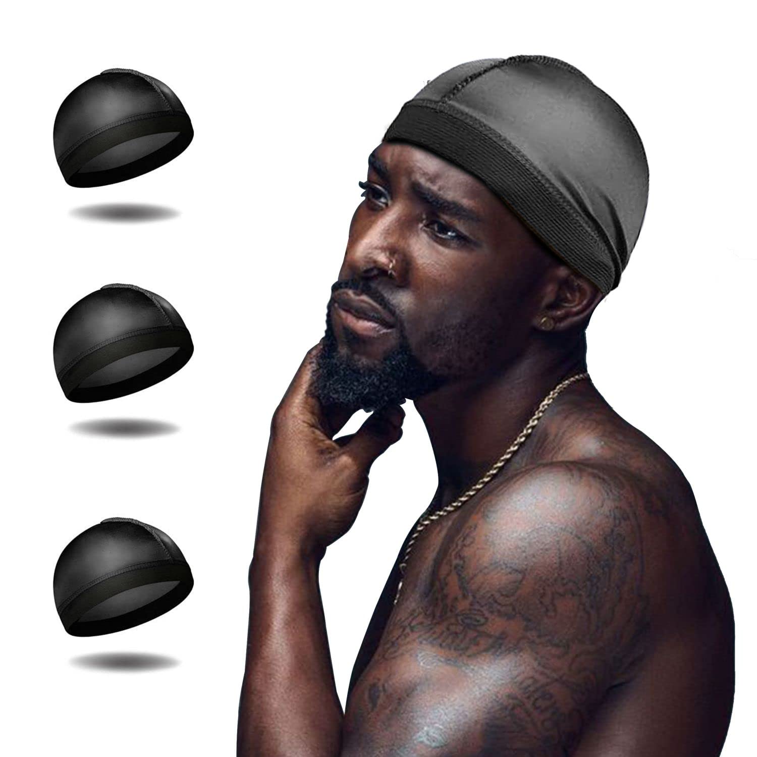 3PCS Wave Cap, Wave Caps for Men, Silk Durag Compression Cap for 360, 540, 720 Waves (Black, Black, Black)
