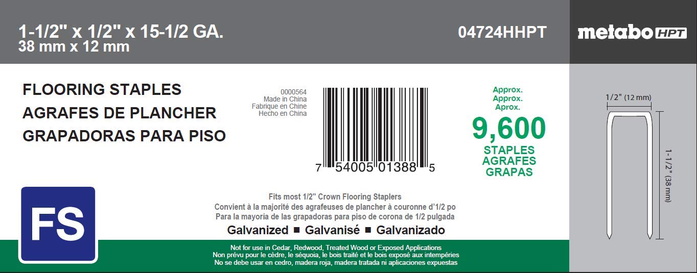 Metabo HPT Flooring Staples, 1-1/2" x 15 GA, Galvanized, For N5010AB, 9600 Count (04724HHPT)