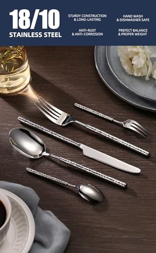 HODOQIAM 10-Piece Silverware Set, Stainless Steel Flatware Set for 2, Modern Hammered Utensil Tableware Set Include Dinner Knife/Fork/Spoon, Mirror Finish, Dishwasher Safe (10, silver)