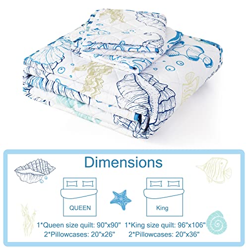 FRAMICS 3-Piece King Size Reversible Quilt Set Summer Quilt Lightweight Ocean Quilts Beach Bedspread Coverlet Blue Coral Conch Seashell Coastal Bedding for All Season(1 Quilt, 2 Pillow Shams)
