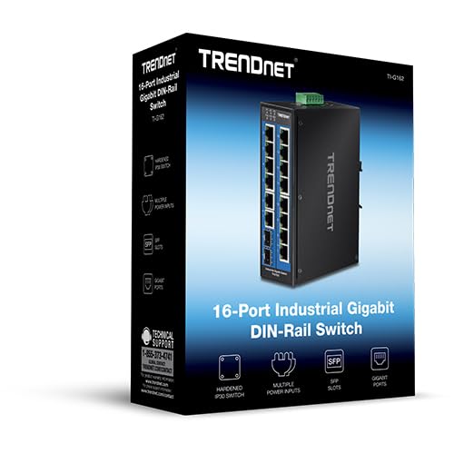 TRENDnet 16-Port Hardened Industrial Unmanaged Gigabit DIN-Rail Switch, TI-G162, 14 x Gigabit Ports, 2 x Gigabit SFP Slots,32Gbps Switching Capacity, IP30 Ethernet Network Switch, Lifetime Protection