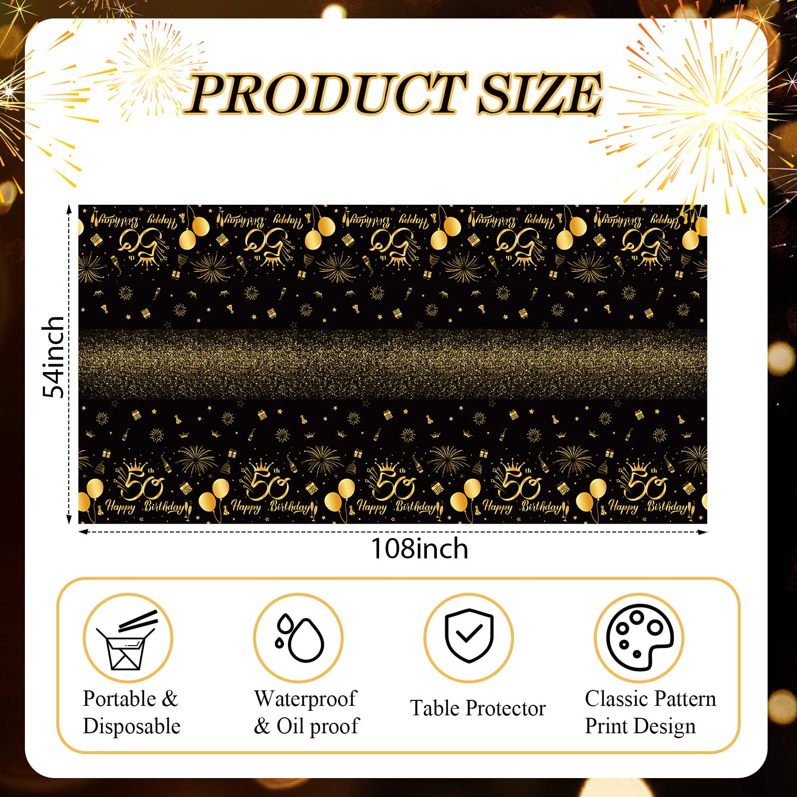 Remagr 6 Pack 50th Birthday Tablecloth Disposable Plastic Happy Birthday Table Cover Rectangular Black and Gold Table Cloths 50th Birthday Decorations Men Women, 54 x 108 Inch(50th)