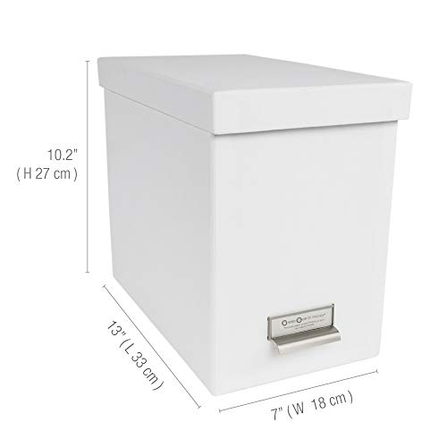 Bigso John Fiberboard Label Frame Desktop File Storage Box Document Organizer for Important Paperwork Durable Hanging File Box with a Lid & Metal Label Window 7.4’’ x 13’’ x 10.4’’ White