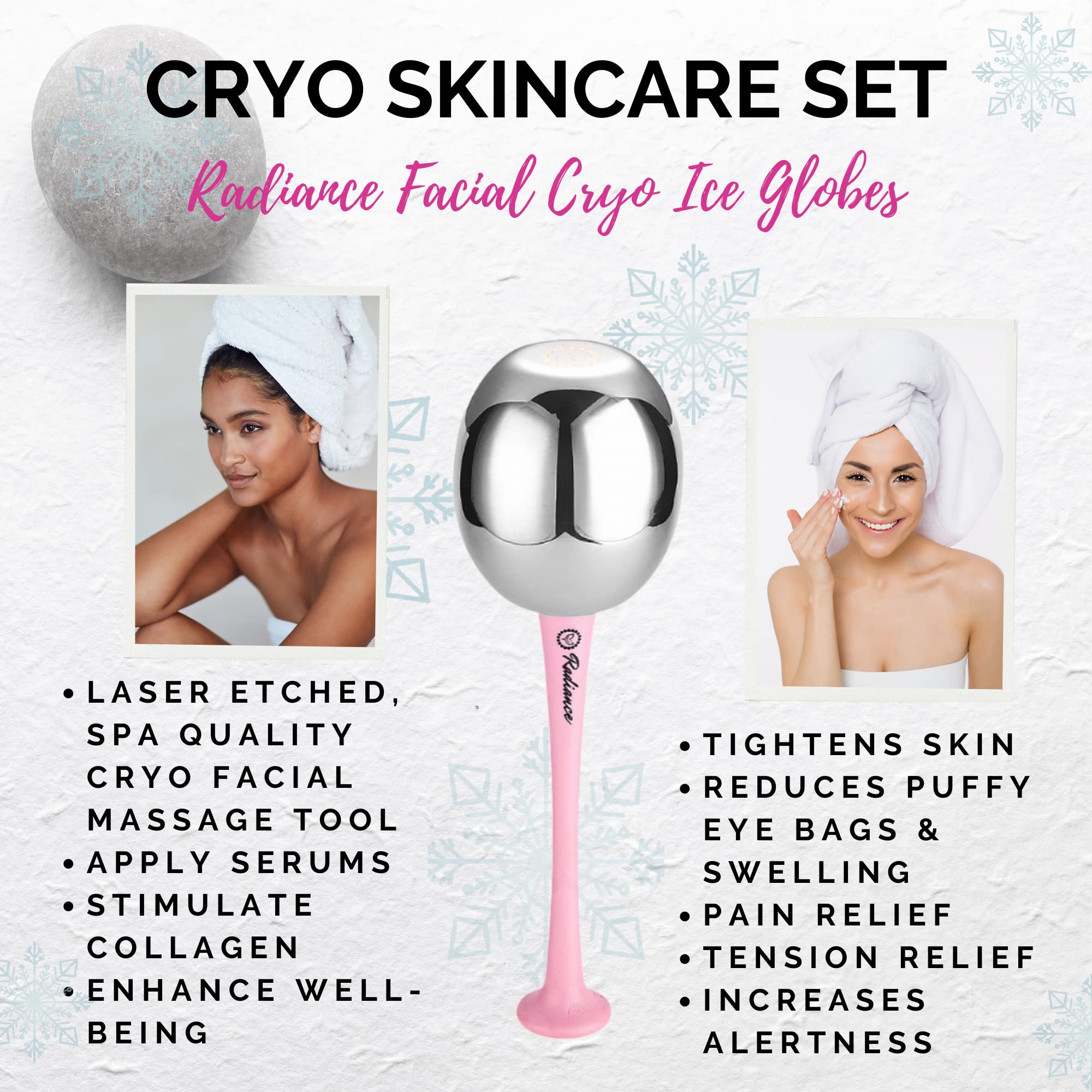 RADIANCE Ice Globes for Facials Skin Care - Cryo Globes, Non Shatter, Face Cooling Cold Stainless Steel, Cryo Freeze Tool Roller for Depuffing Eyes, Face Massage with a Storage Case & Polish Cloth