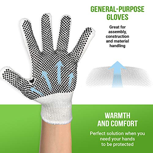 ABC String Knit Gloves with Grip Dots 10'', Pack of 24 White Work Cotton Gloves with Polyester Materials, Reusable PVC Dotted Working Gloves, Safety Work Gloves for Industrial Work