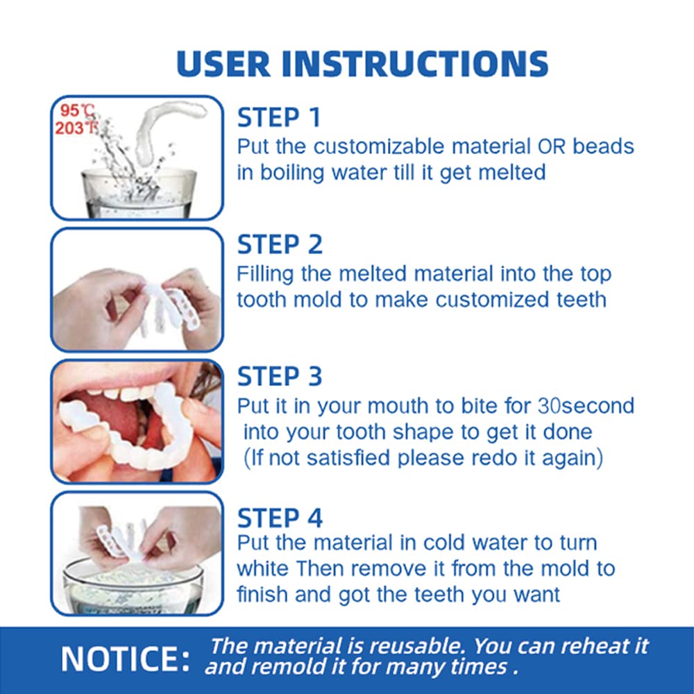 1Set Dentures Veneers Tooth,Dental Care Kits for Anti Molar Orthodontic Cosmetic Teeth,Smile Snap Tooth.(White,1Top+ 1Bottom+2Adhesives+1Tweezers+1Heart-Shaped Storage Box)