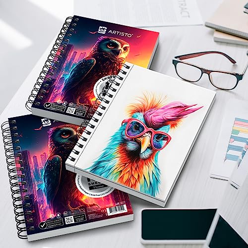 ARTISTO 5.5X8.5” Premium Sketch Book Set, Pack of 2 (200 Sheets), 68lb (100g/m2), Spiral Bound, Acid-Free Drawing Paper, Perfect for Most Dry Media