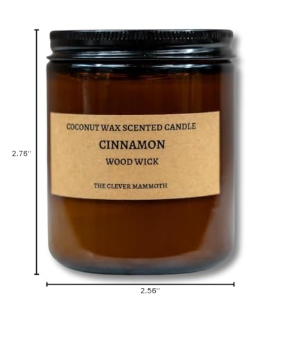 Coconut Wax Scented Candle - Wood Wick - Paraffin Free - Long Lasting - Crackle - Essential Oils - Smoke Free - (Cinnamon, 8 Oz.)